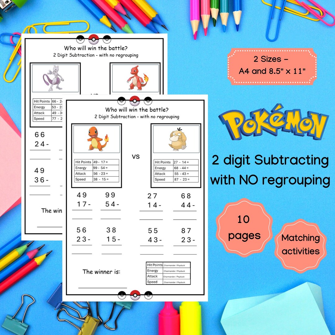 Pokemon 2 Digit Subtraction With No Regrouping,math Worksheets,digital ...