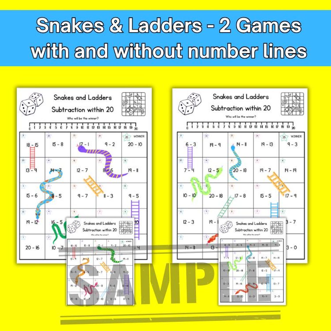 Subtraction Games: Snakes & Ladders, Connect 4 - Math Fact Fluency - Etsy