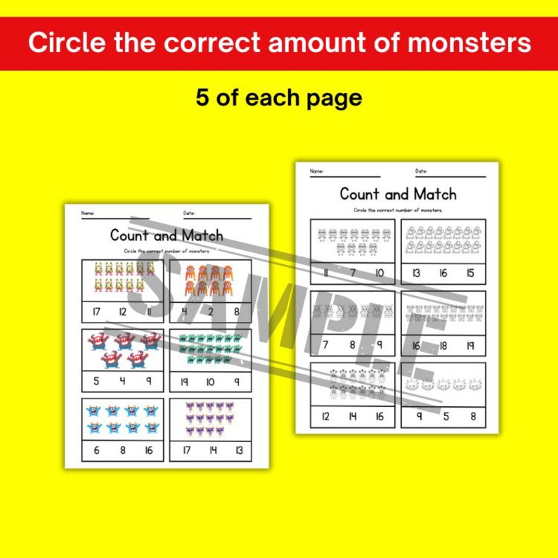 Monster Counting to 20 Worksheets: Kindergarten Math (digital Download ...