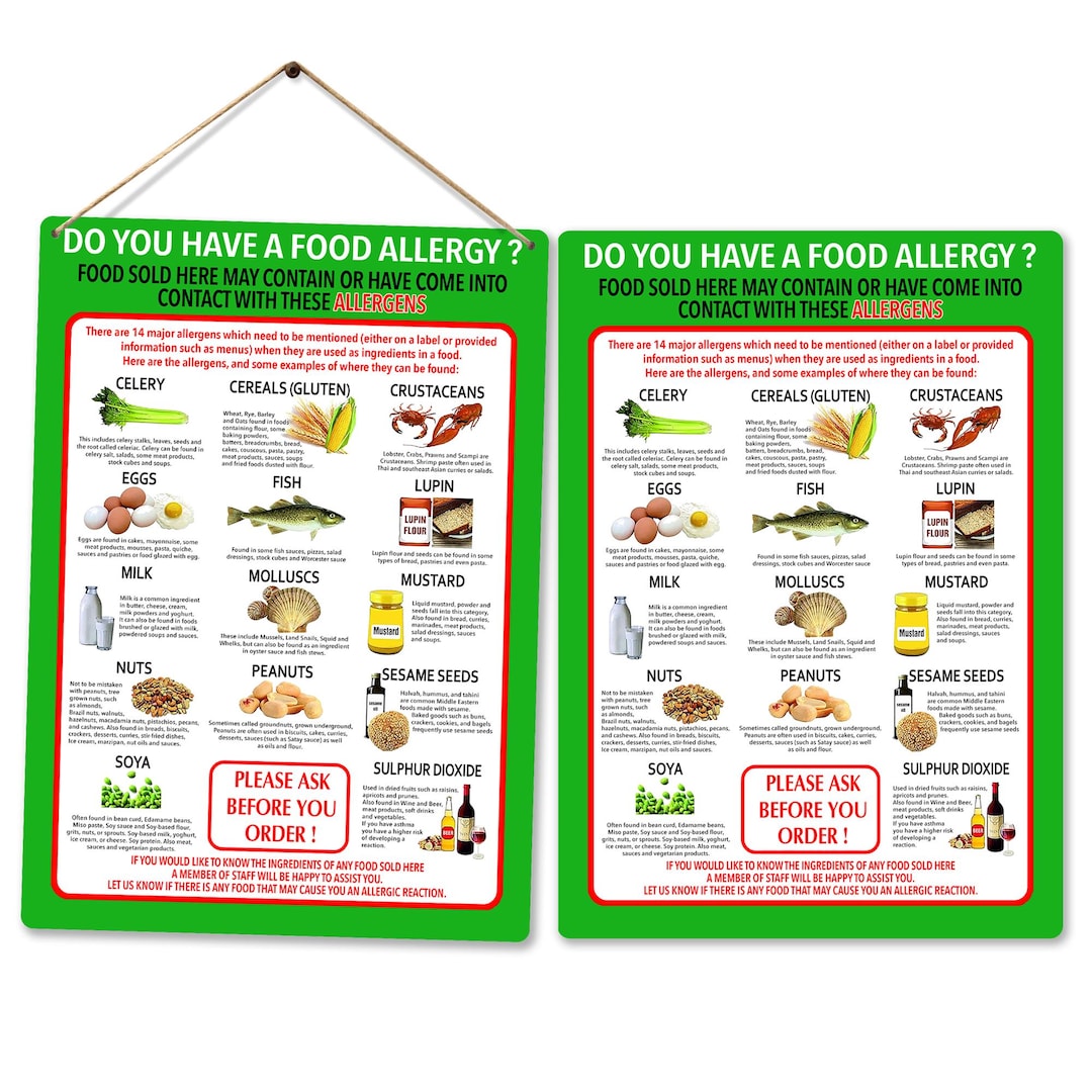Food Allergy Chart Sign | Custom Printed Premium Metal Plaque/sign ...