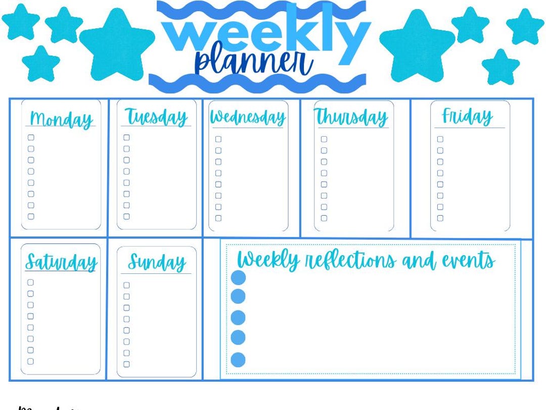 EDITABLE AND PRINTABLE| Weekly Planner for Children With Blue Colour ...