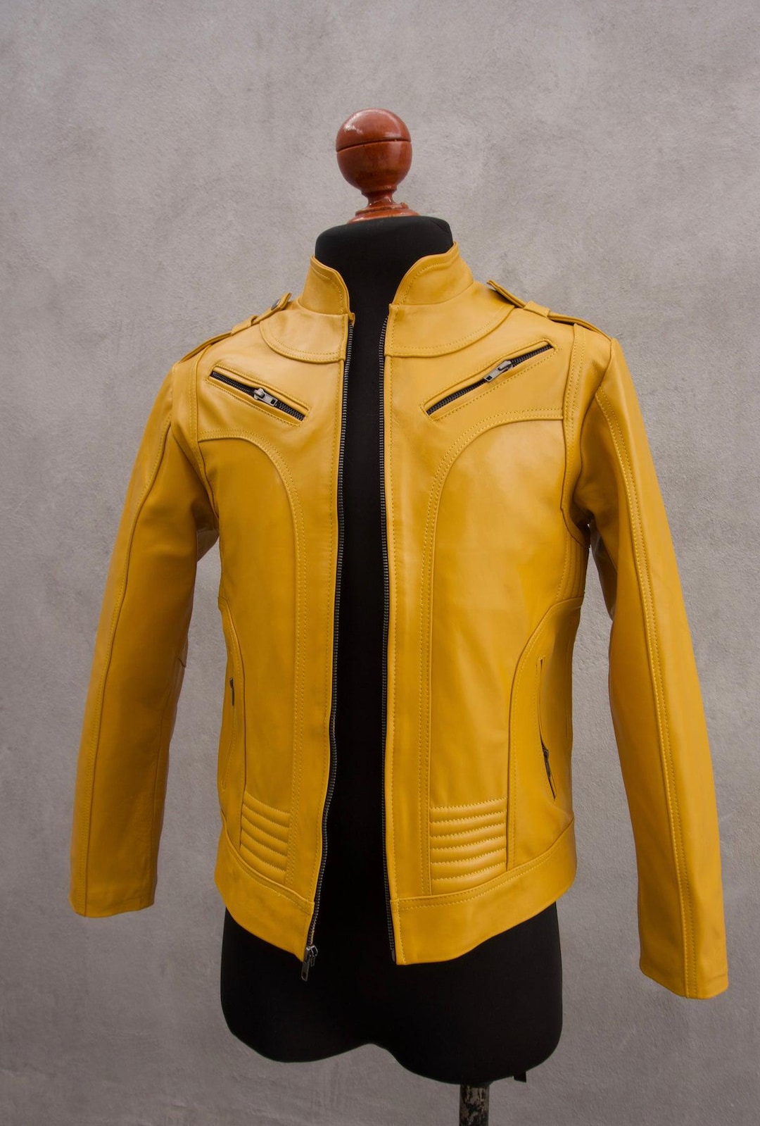 Bold Yellow Leather Biker Jacket - Retro Stylish Motor Jacket for Men ...