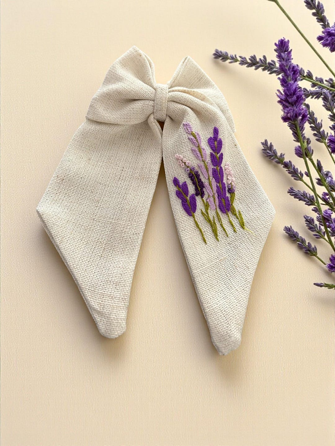 Embroidered Lavender Hair Bow, Linen Hair Clip, Cottagecore Barrette ...