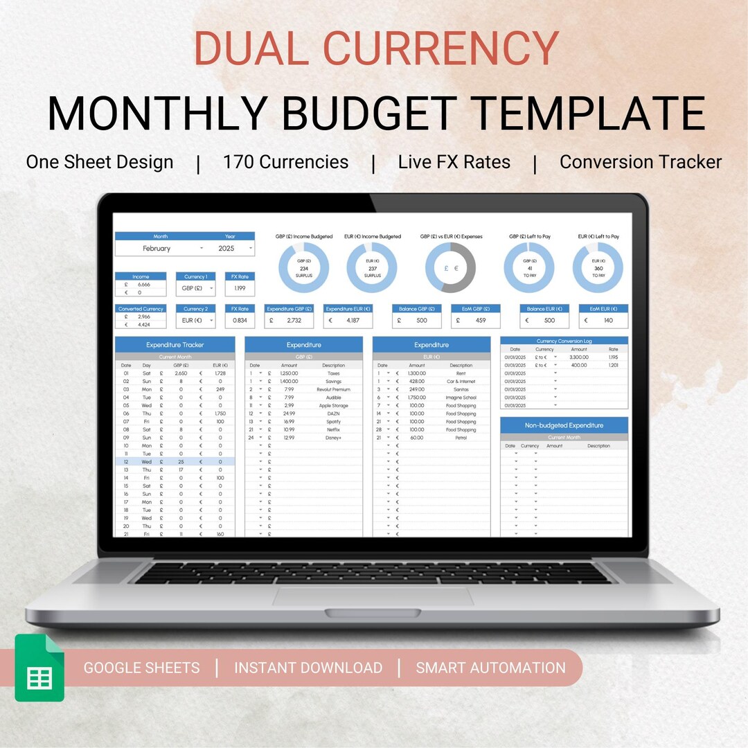 Dual Currency Monthly Budget Template Google Sheets - Etsy