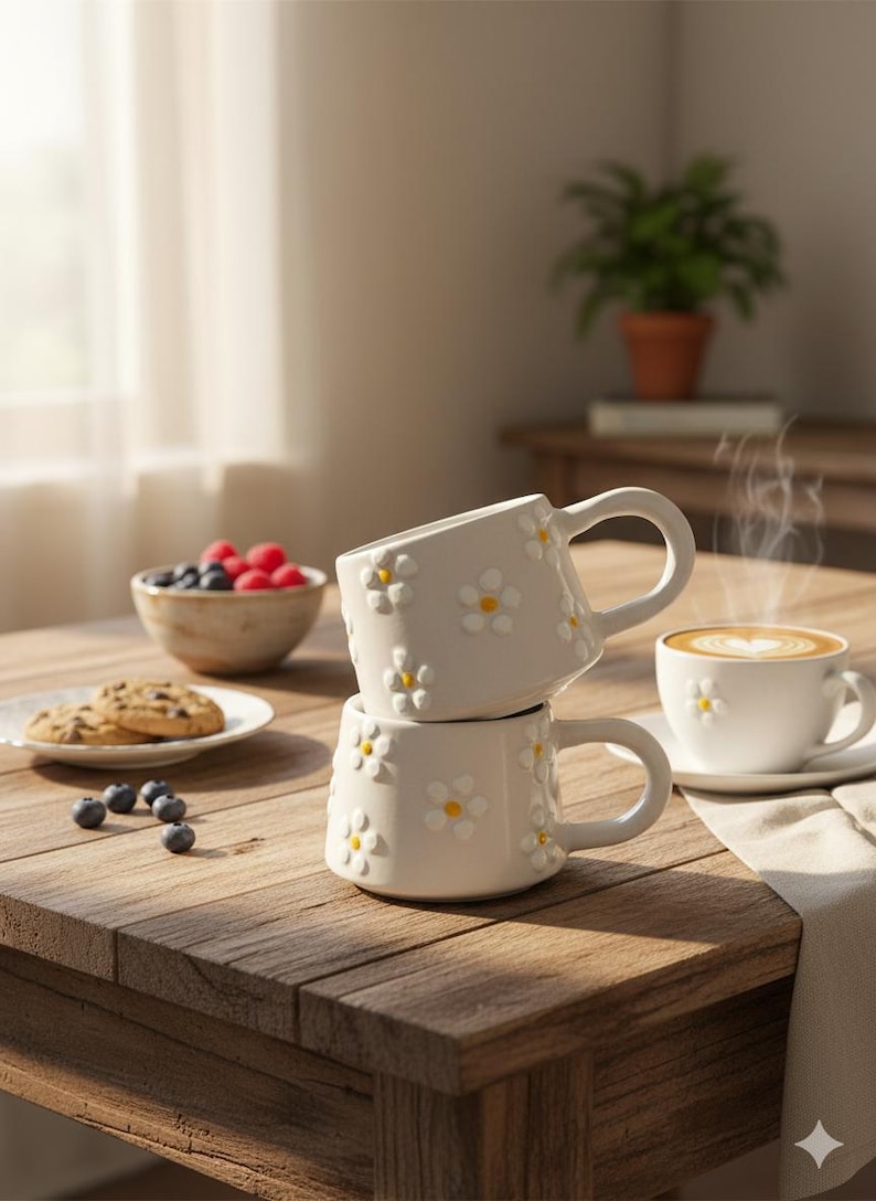 Set of 2 Handmade Daisy Mugs White Flower Ceramic Coffee Cups Embossed ...