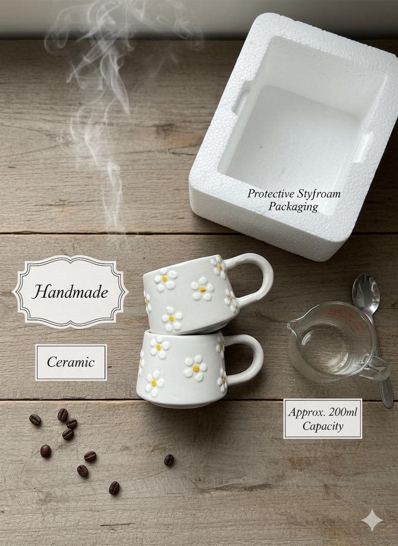 Set of 2 Handmade Daisy Mugs White Flower Ceramic Coffee Cups Embossed ...