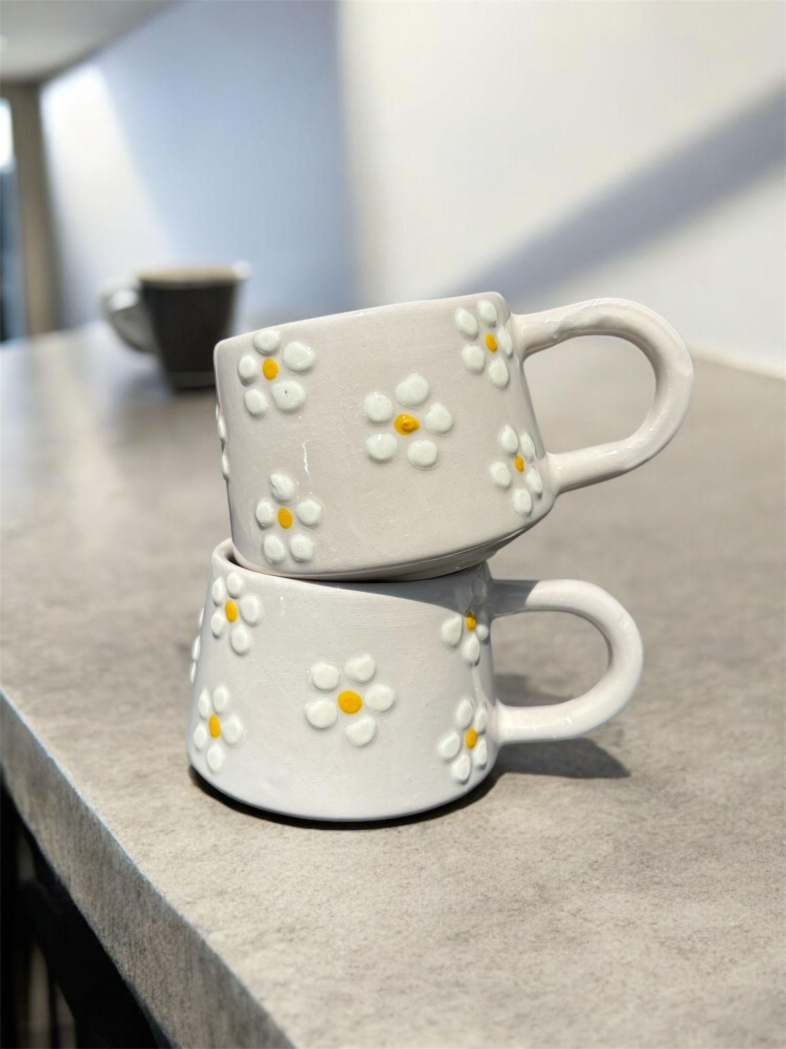 Set of 2 Handmade Daisy Mugs White Flower Ceramic Coffee Cups Embossed ...