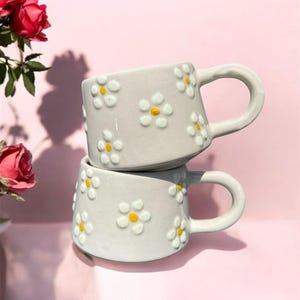 Set of 2 Handmade Daisy Mugs White Flower Ceramic Coffee Cups Embossed ...