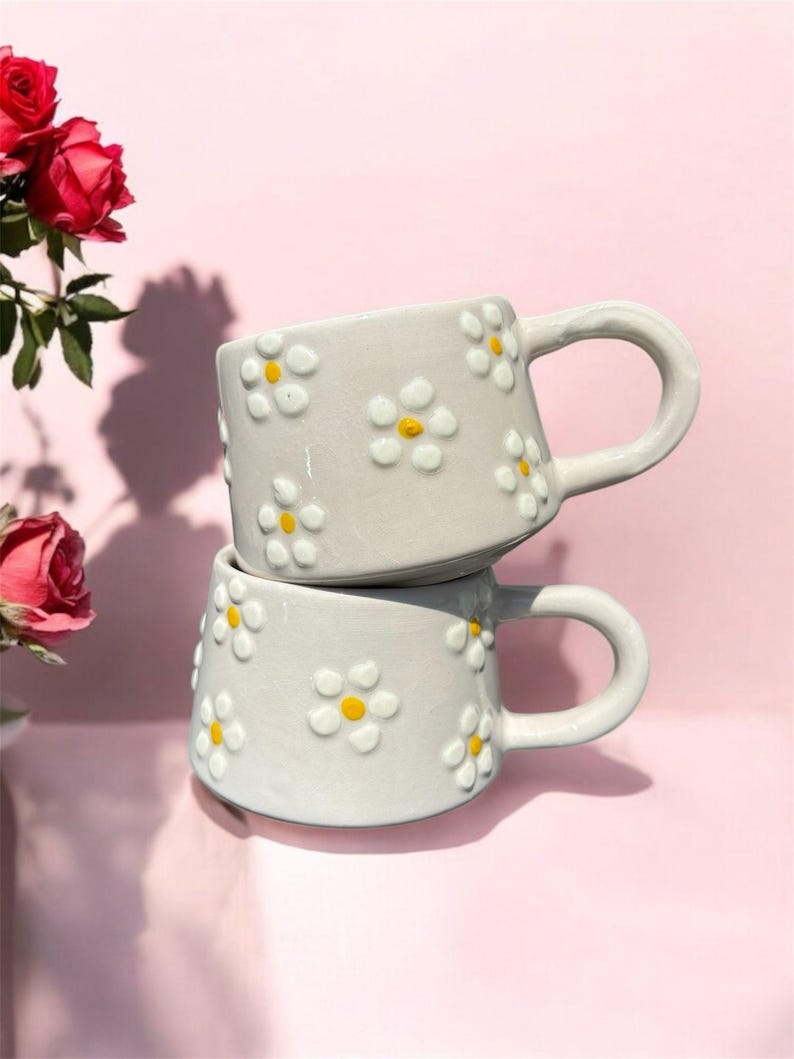 Set of 2 Handmade Daisy Mugs White Flower Ceramic Coffee Cups Embossed ...