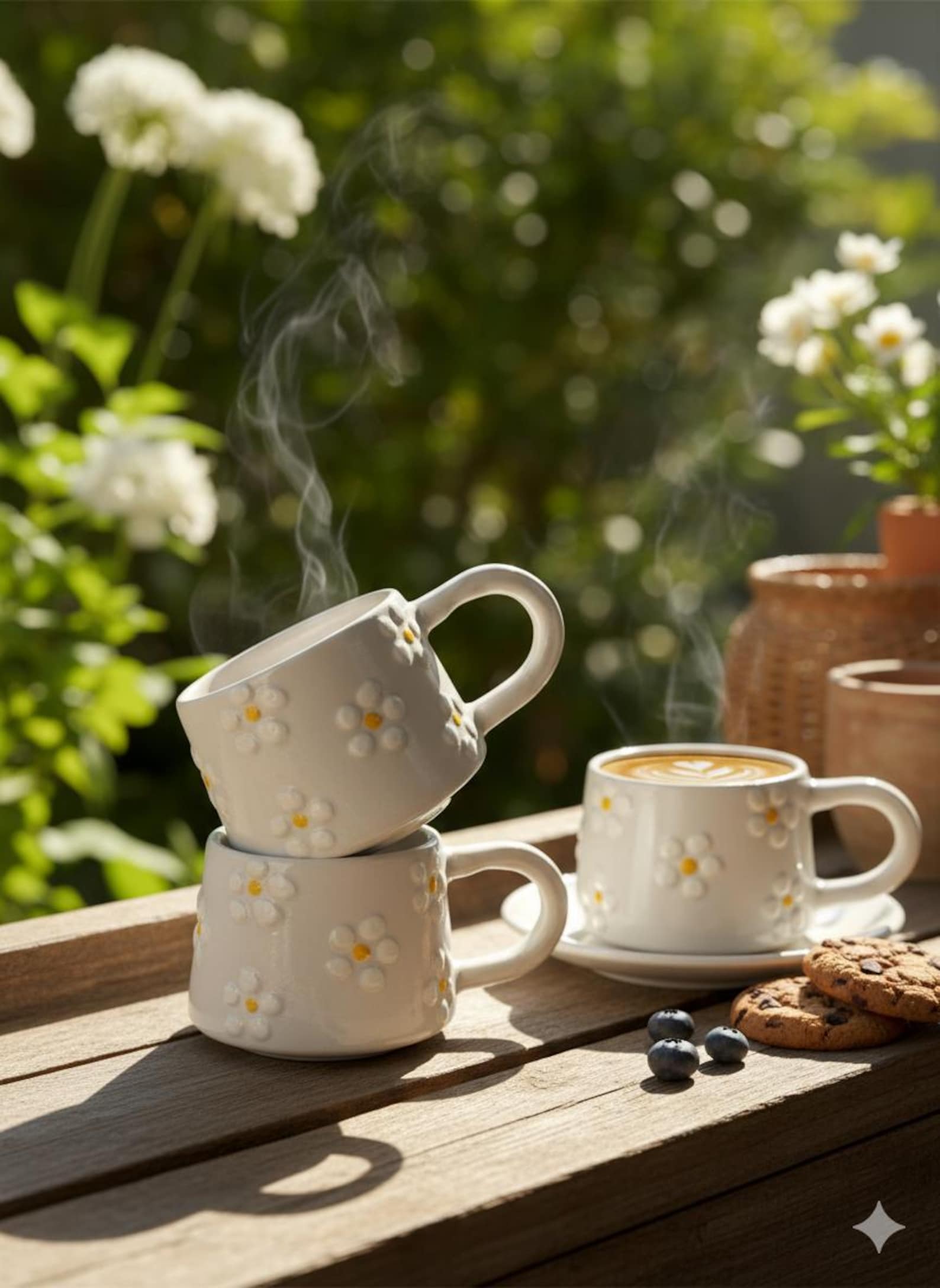 Set of 2 Handmade Daisy Mugs White Flower Ceramic Coffee Cups Embossed ...
