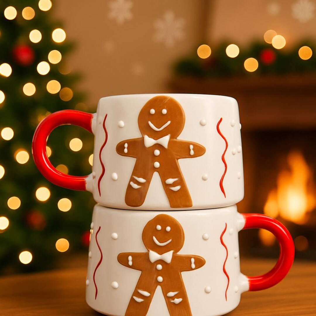 Set of 2 Handmade Gingerbread Man Christmas Mugs 200ml Ceramic Holiday ...