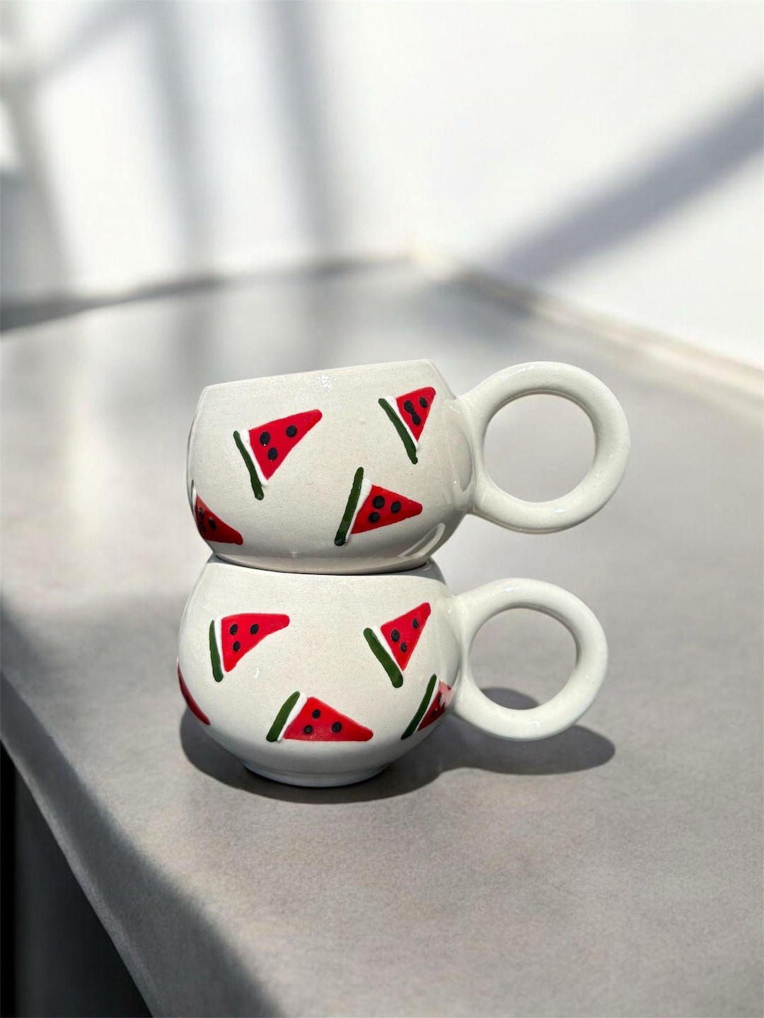 Set of 2 Handmade Watermelon Ceramic Mugs Fruit Themed Pottery Cups ...