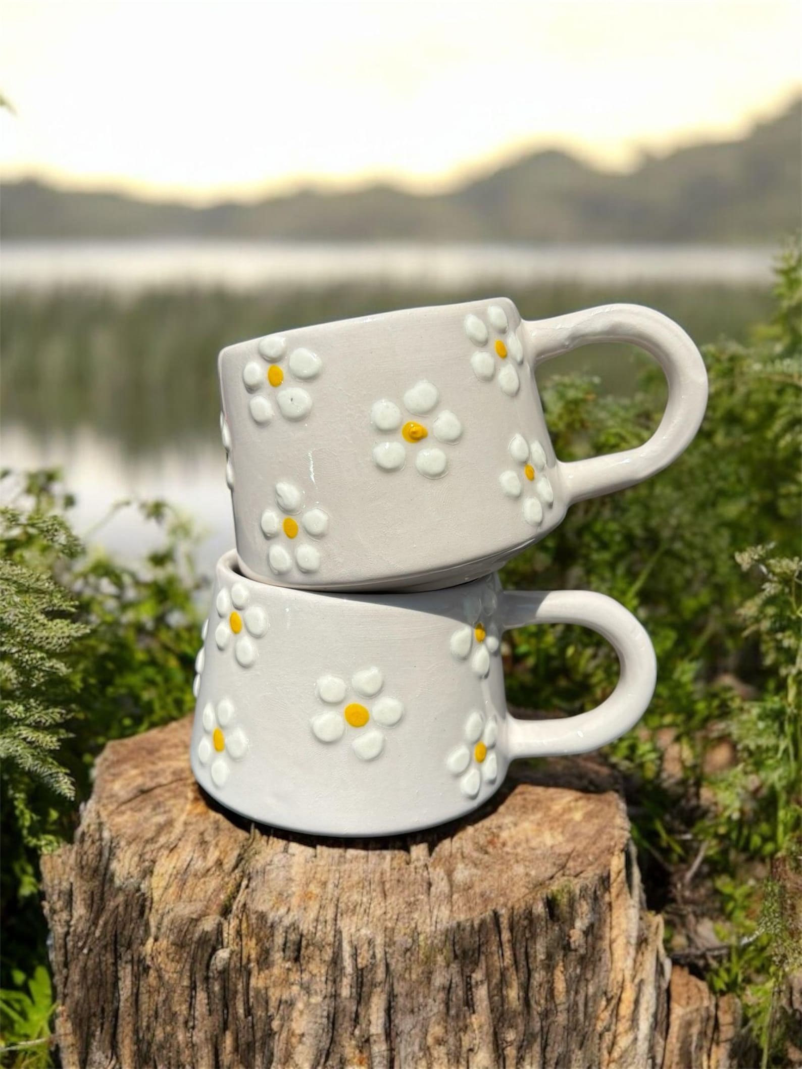 Set of 2 Handmade Daisy Mugs White Flower Ceramic Coffee Cups Embossed ...