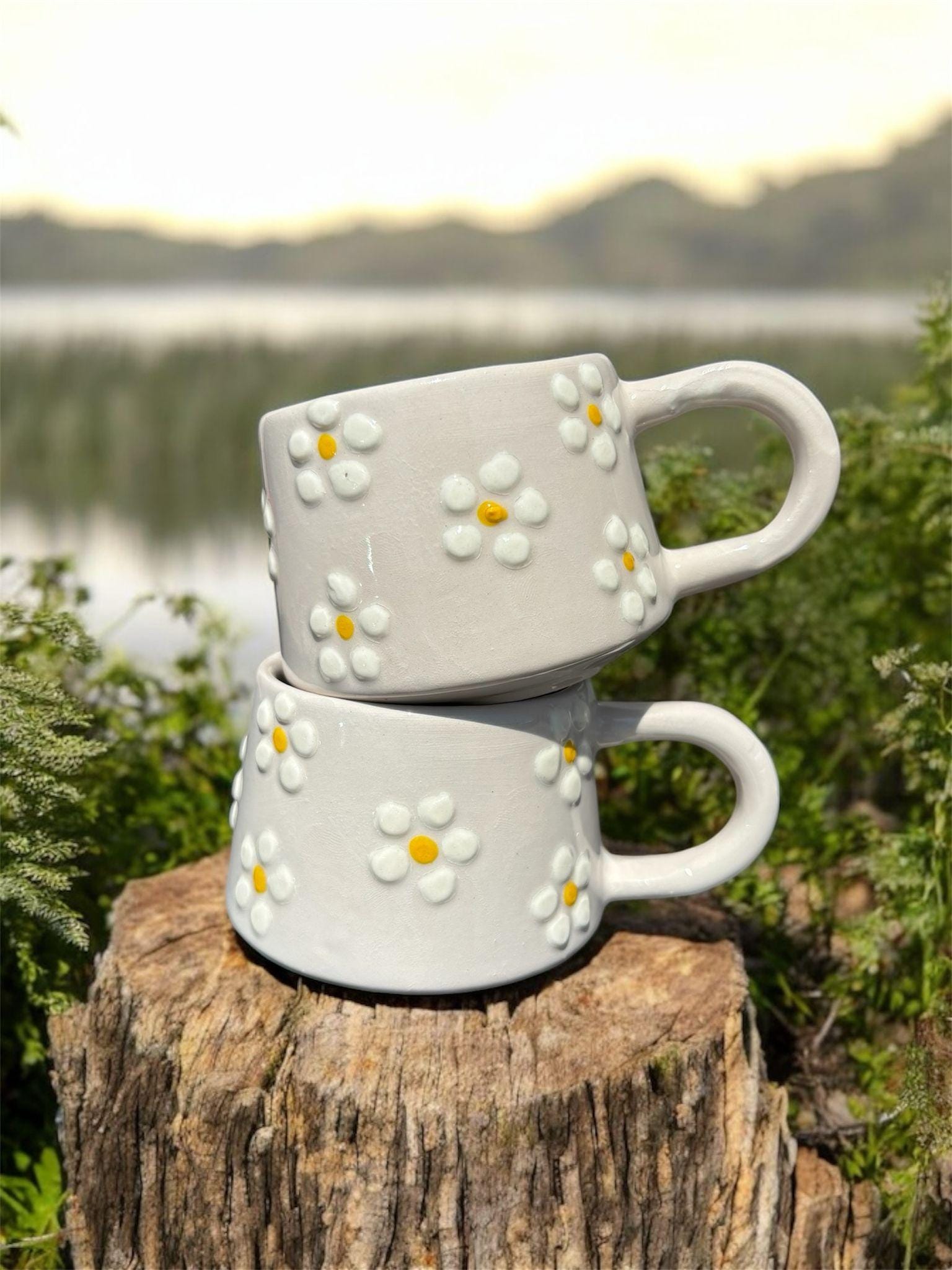 Set of 2 Handmade Daisy Mugs White Flower Ceramic Coffee Cups Embossed ...