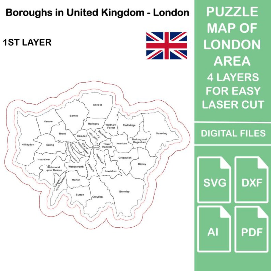 Vector Laser Cut Files: UK Puzzle Map of London Boroughs | SVG, DXF ...