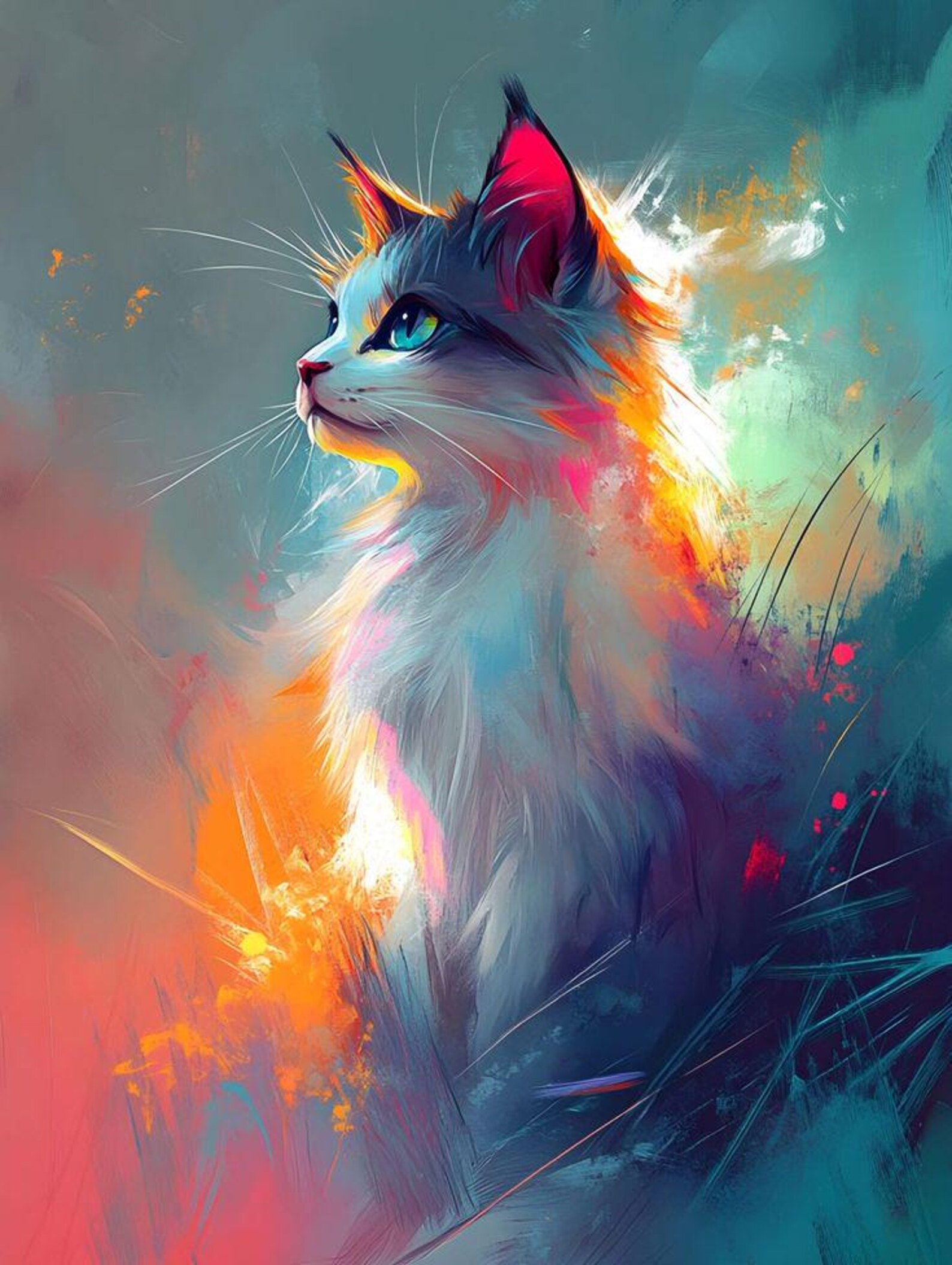 Colorful Cat AI Art Print: Trendy Home Decor (digital Download) - Etsy