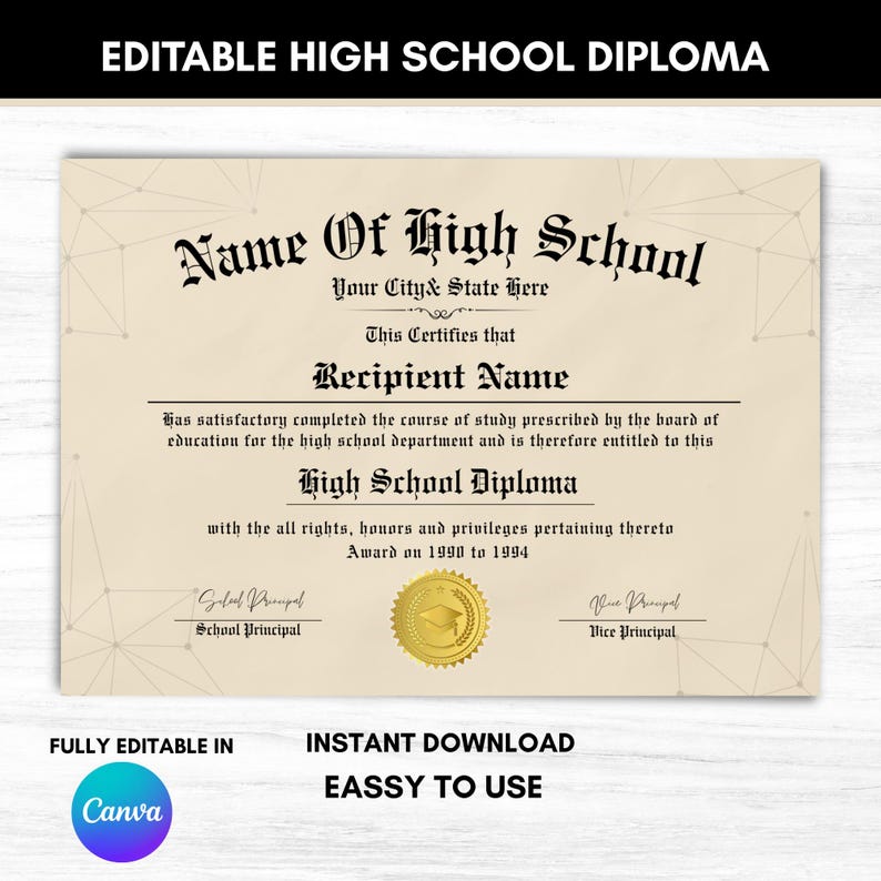 Editable High School Diploma Template: Homeschool Replica (instant ...