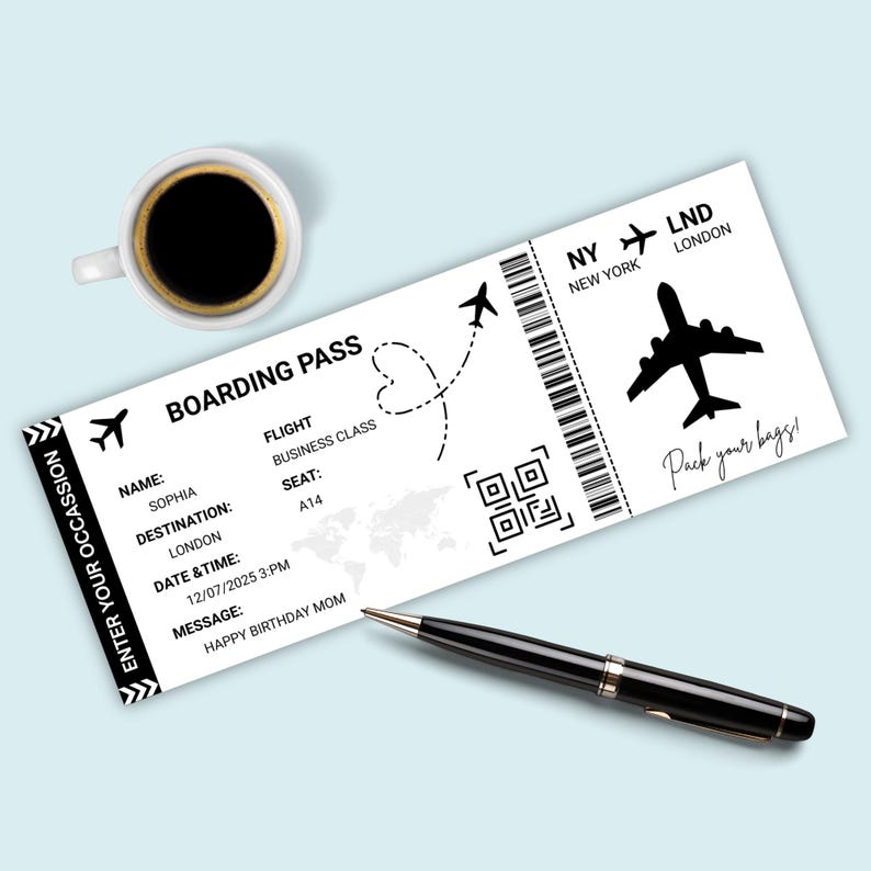Editable Boarding Pass Ticket Template, Printable Personalized Airline ...