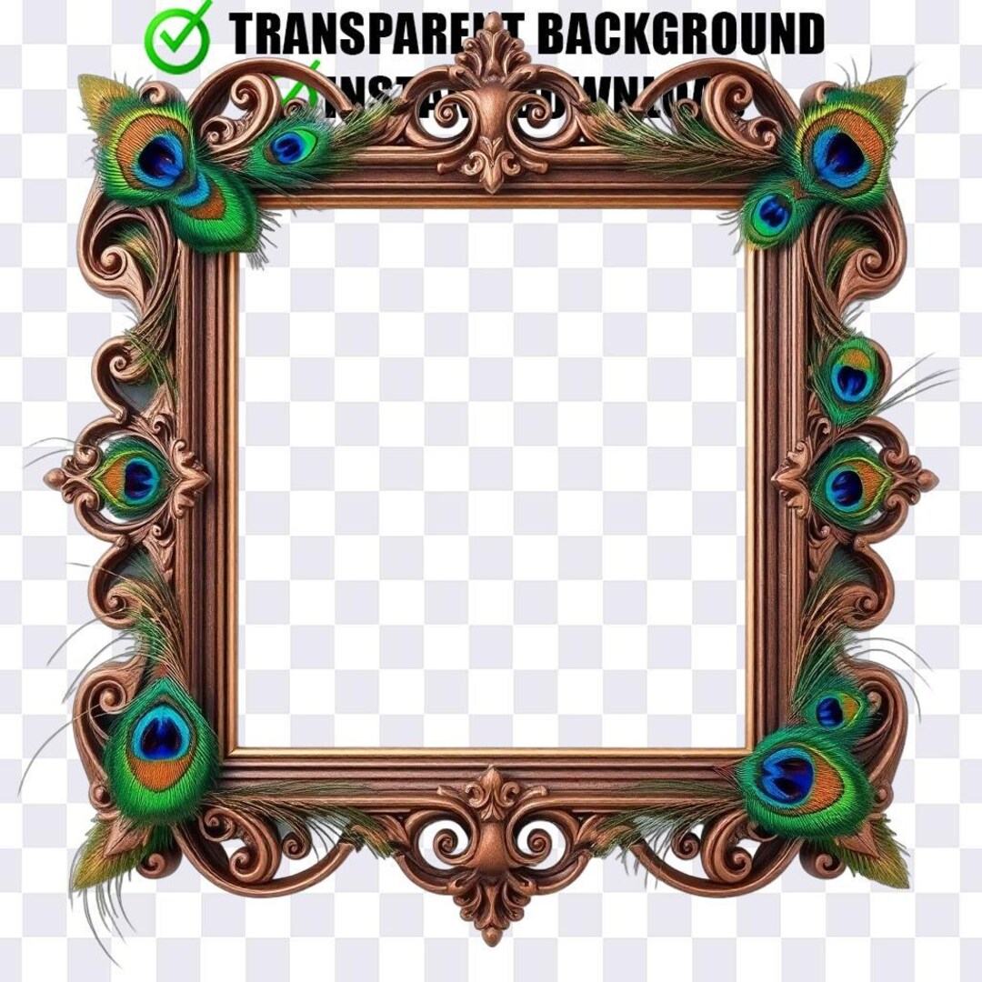 Ornate Vintage Copper Frame Digital PNG With Peacock Feathers, Baroque ...