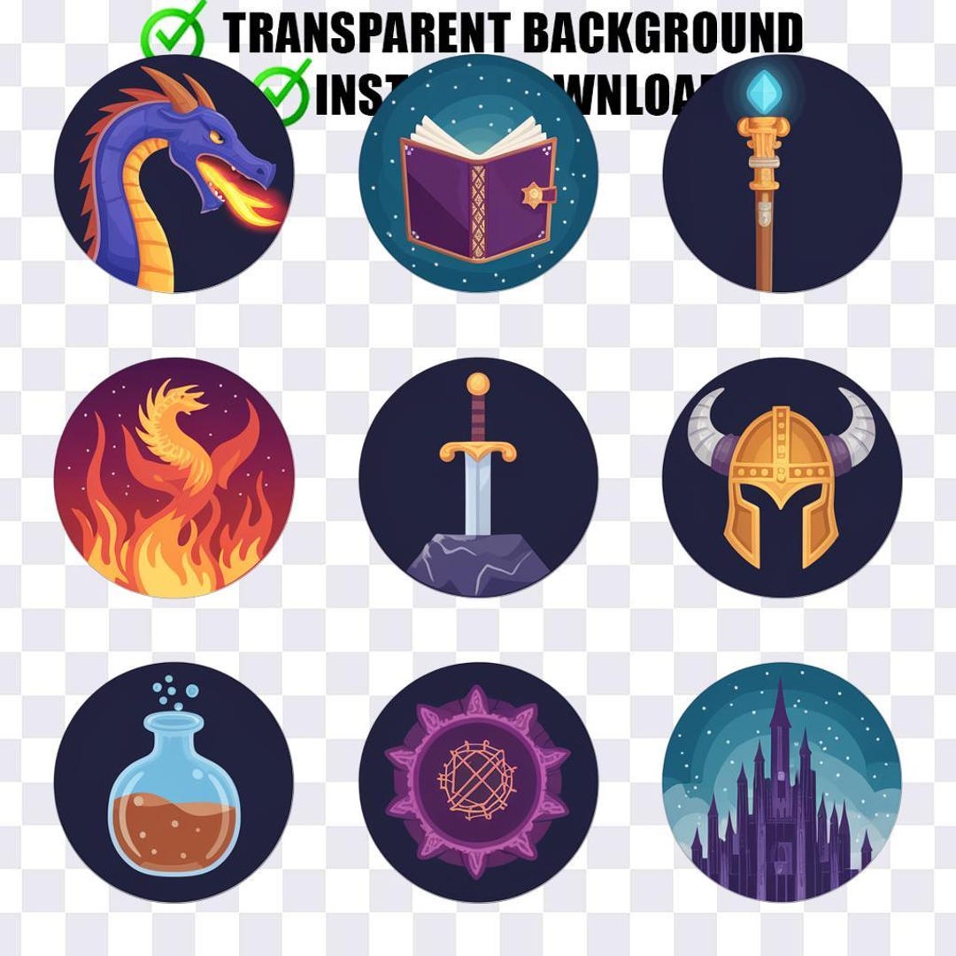 Fantasy Icon Set Digital Download PNG – 3x3 One File, Transparent ...