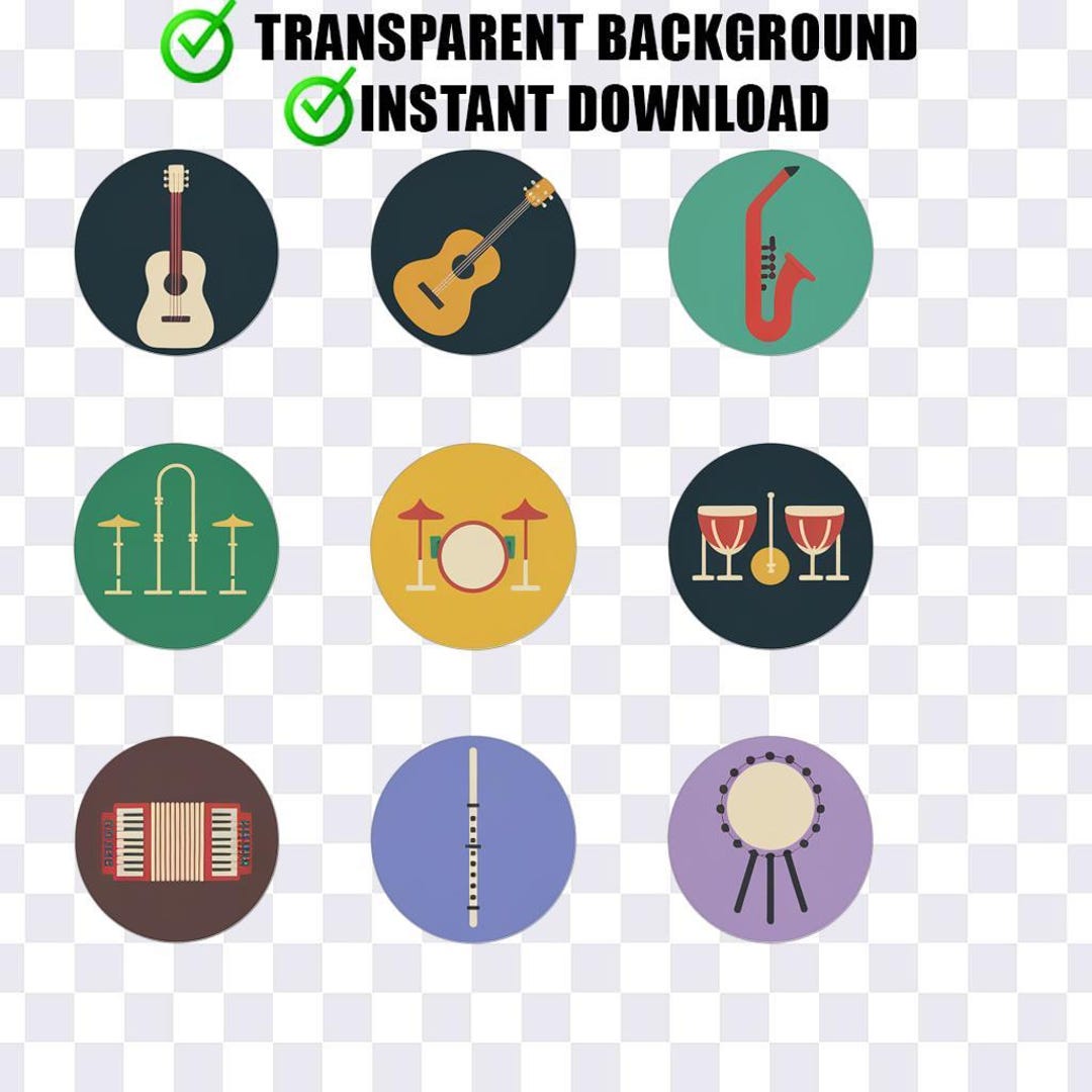 Music Icons Pack: 9 Circular Instrument Pngs, 1 File Digital Download ...