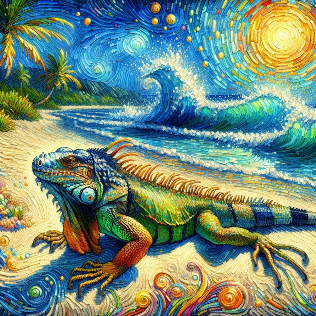 Vibrant Iguana Beach Scene Digital Download: Colorful Ocean, Sun, Palms ...