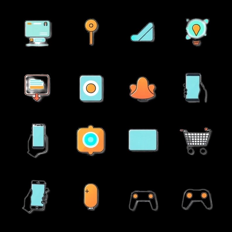 16 Modern Flat Icons PNG, 4x4 Grid, Digital Download, Transparent ...