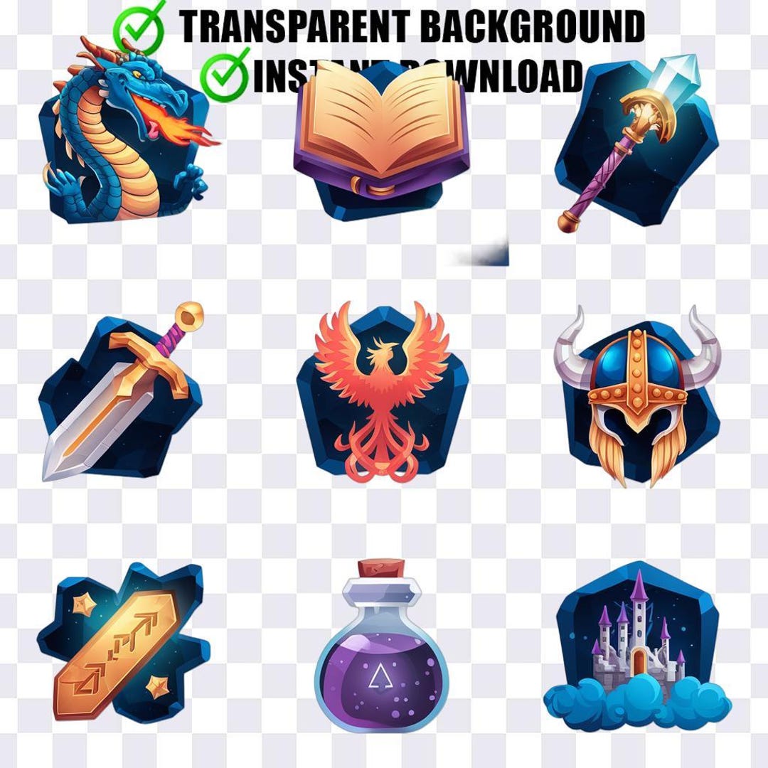 Colorful Fantasy Icon Set – 3x3 Digital Download PNG (transparent, 1 ...
