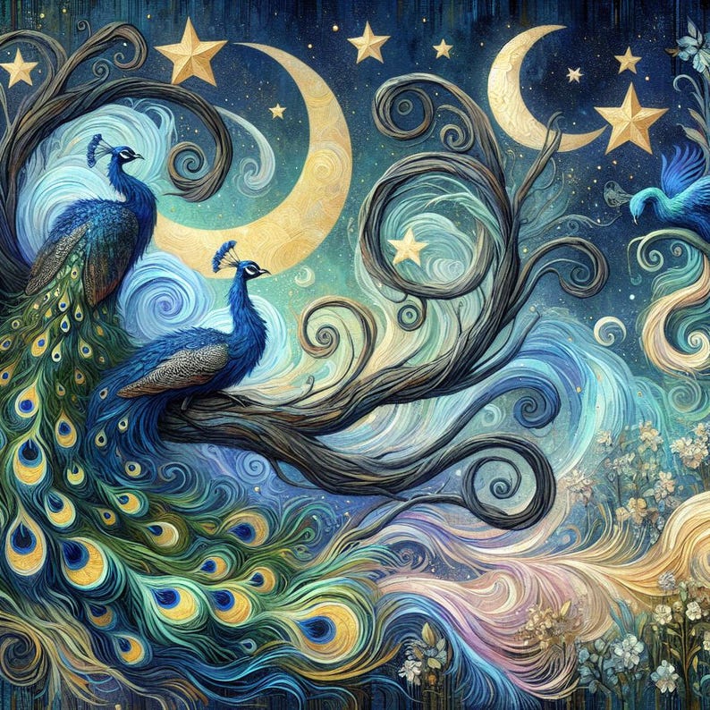 Celestial Peacock Dream: Digital Download Art Vibrant Swirling Tree, Night Sky & Enchanted ...