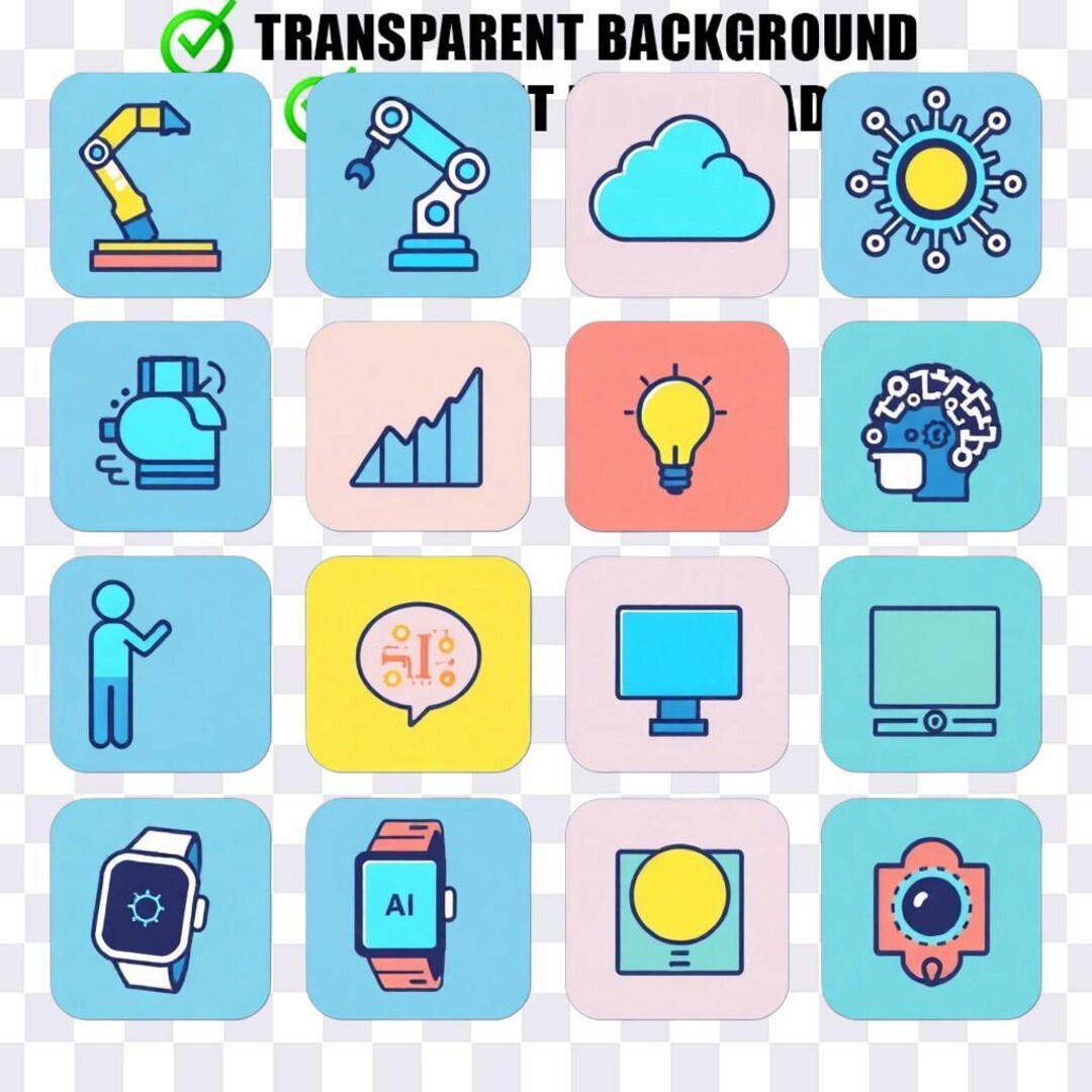 Digital Icon Set: 16 Tech Icons in One PNG File Transparent Background ...