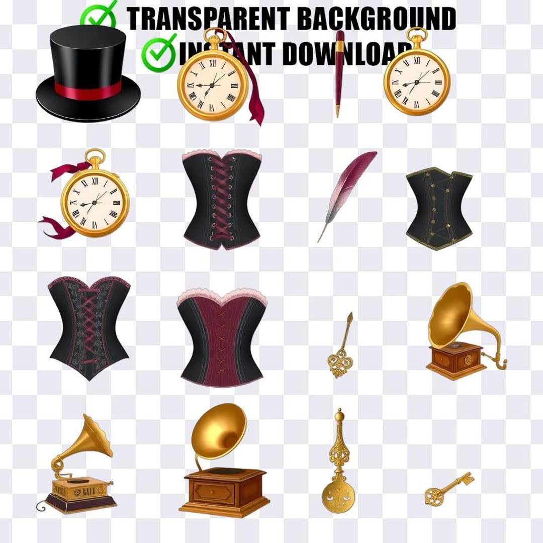 Steampunk Vintage Icon Set: 12 Digital PNG Icons, Transparent ...