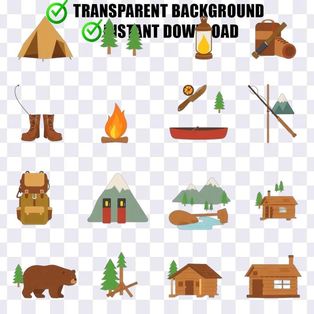 16 Vibrant Outdoor Camping Icons – Digital PNG Download, Transparent ...