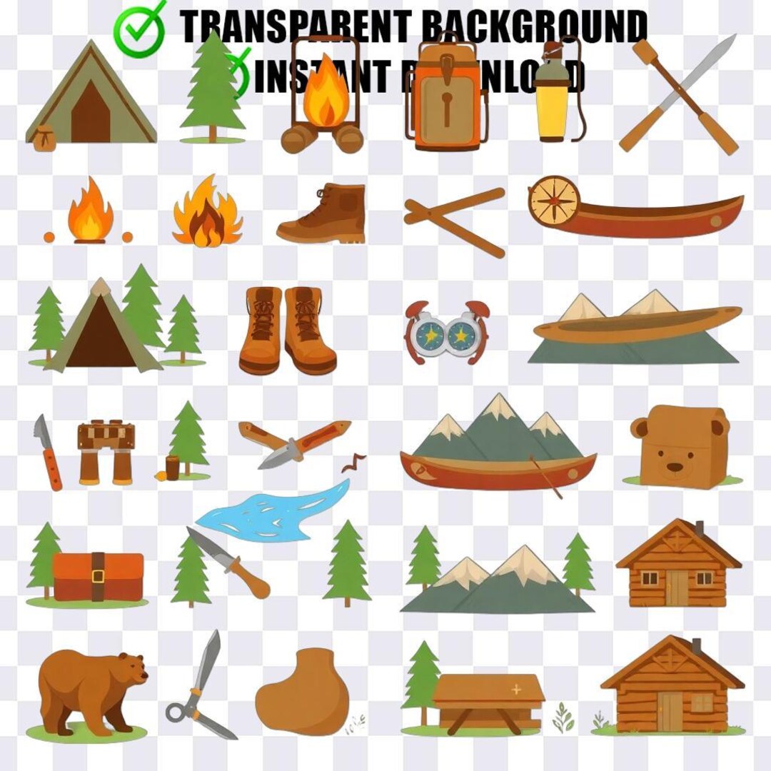Camping Icon Set PNG – One Digital File With Tents, Trees, Campfire ...