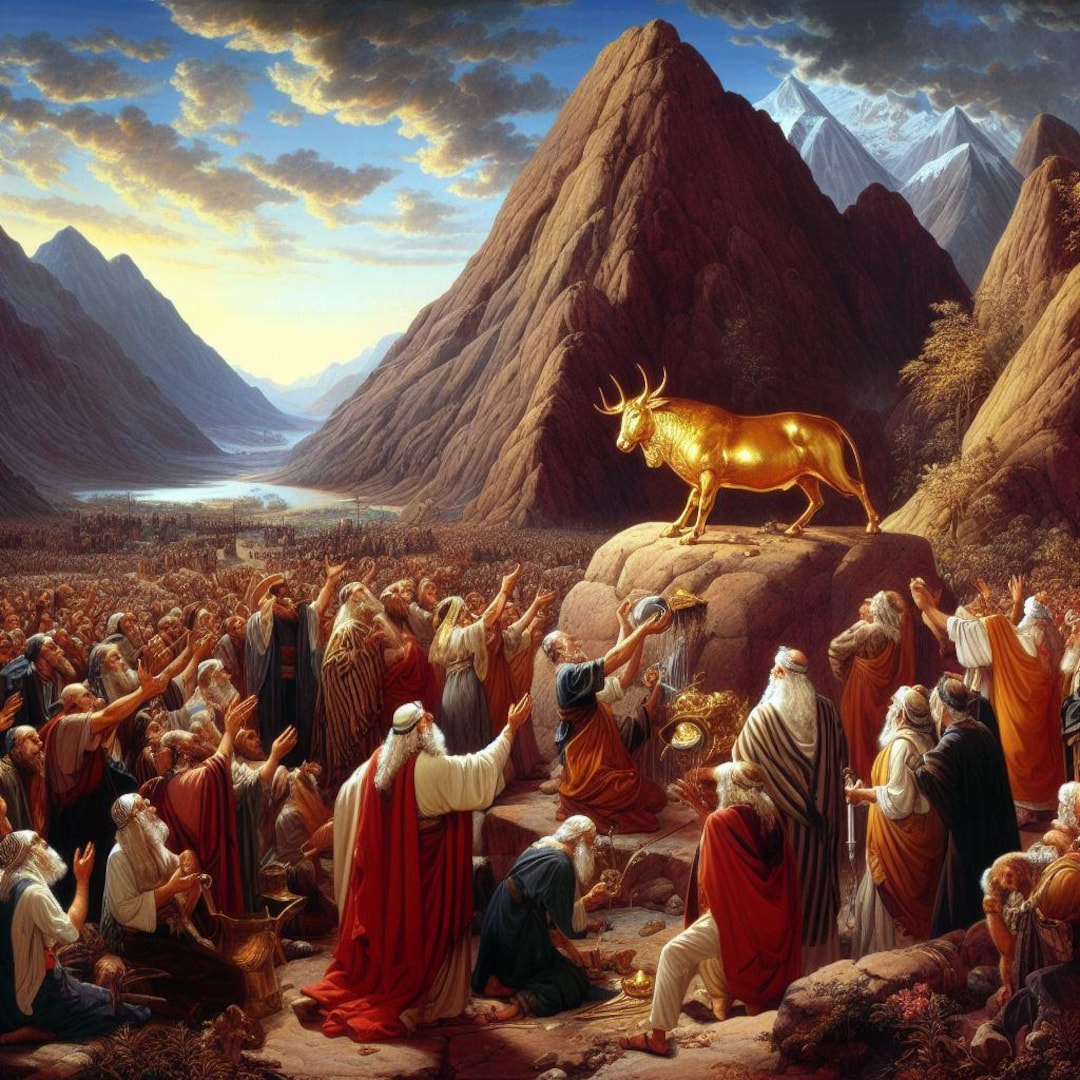 Golden Bull Idol Worship Digital Art – Majestic Mountains, Valley ...