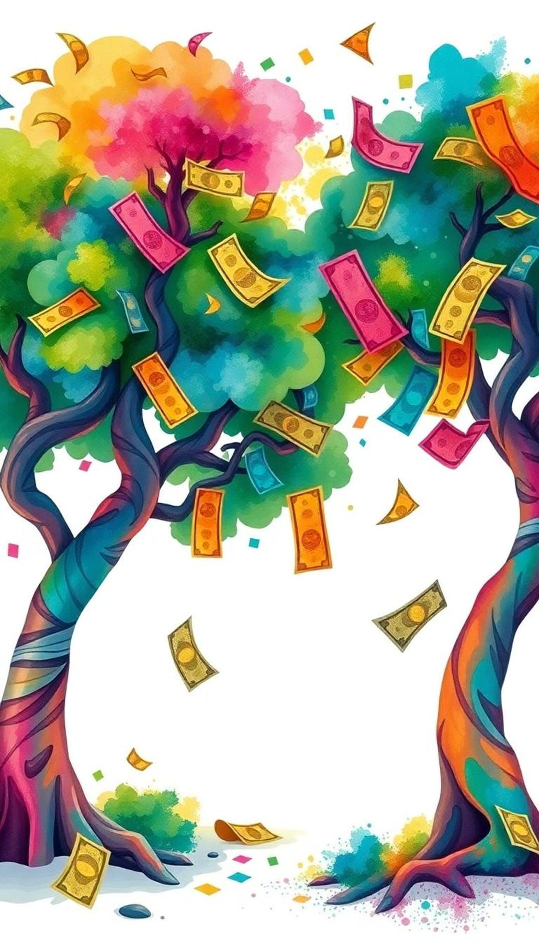 Vibrant Money Trees Digital Art Download: Twisted Trunks, Colorful Cash ...
