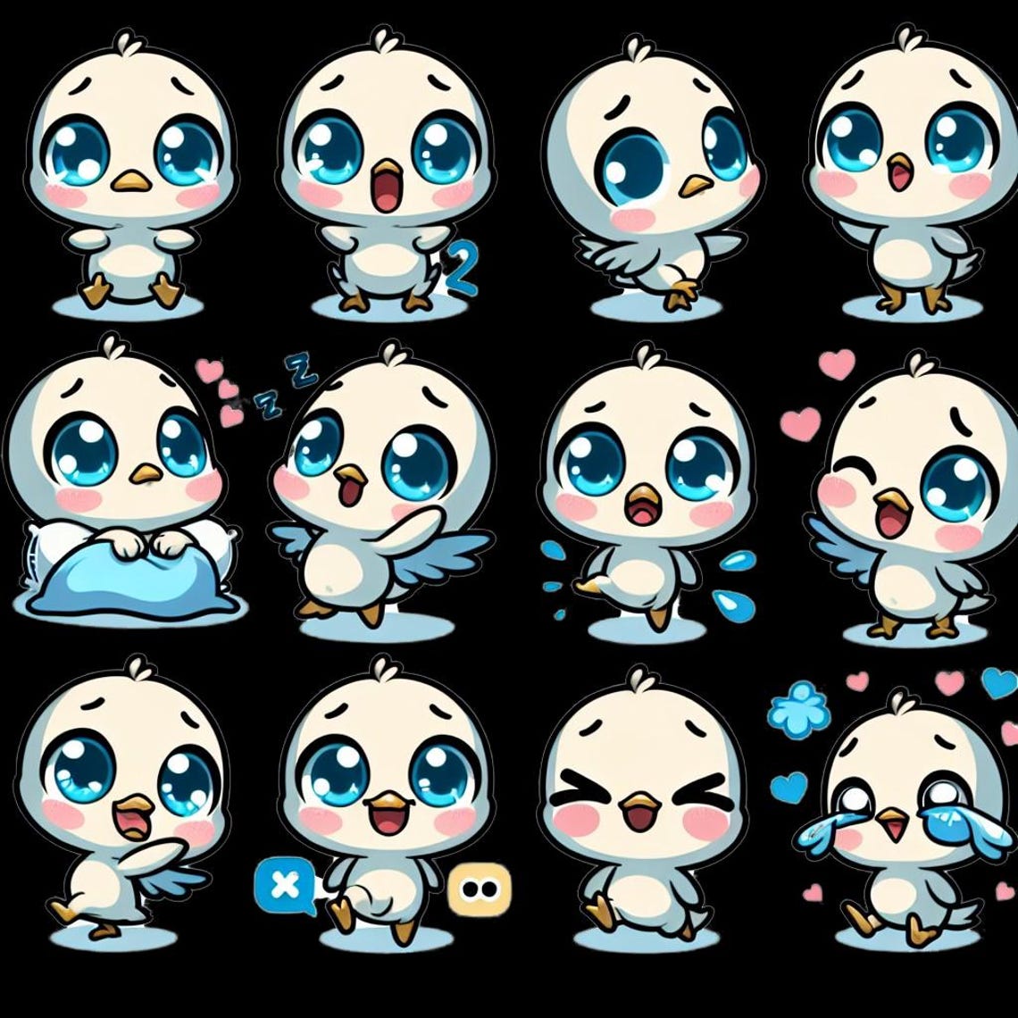 Cute 12 Cartoon Bird Emotions Grid Digital Download, Expressive Clipart ...