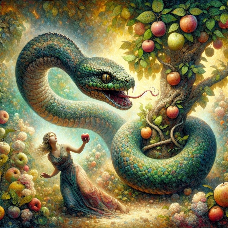 Mystical Digital Art Print Featuring Vivid Snake Coiling Around Lush ...