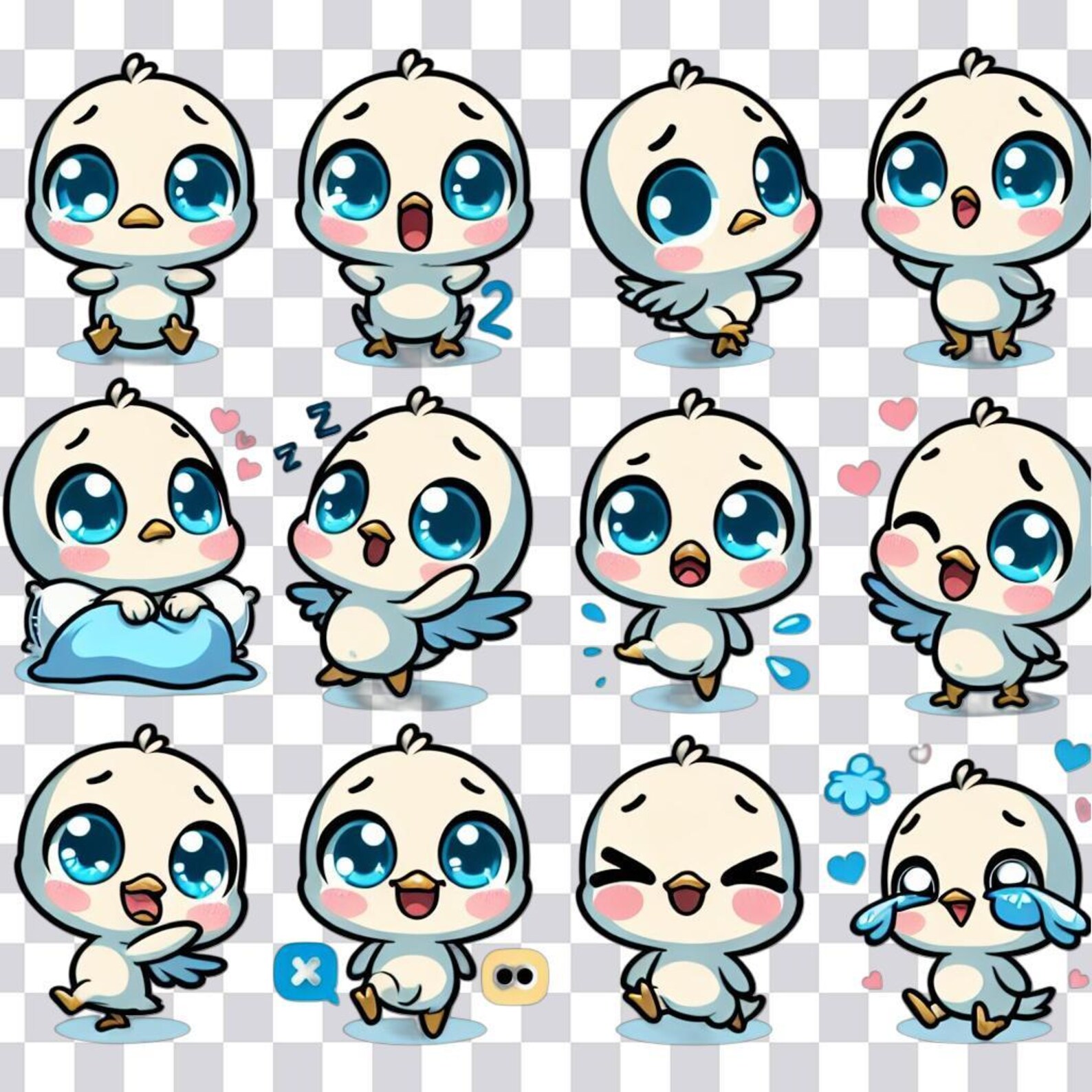 Cute 12 Cartoon Bird Emotions Grid Digital Download, Expressive Clipart ...