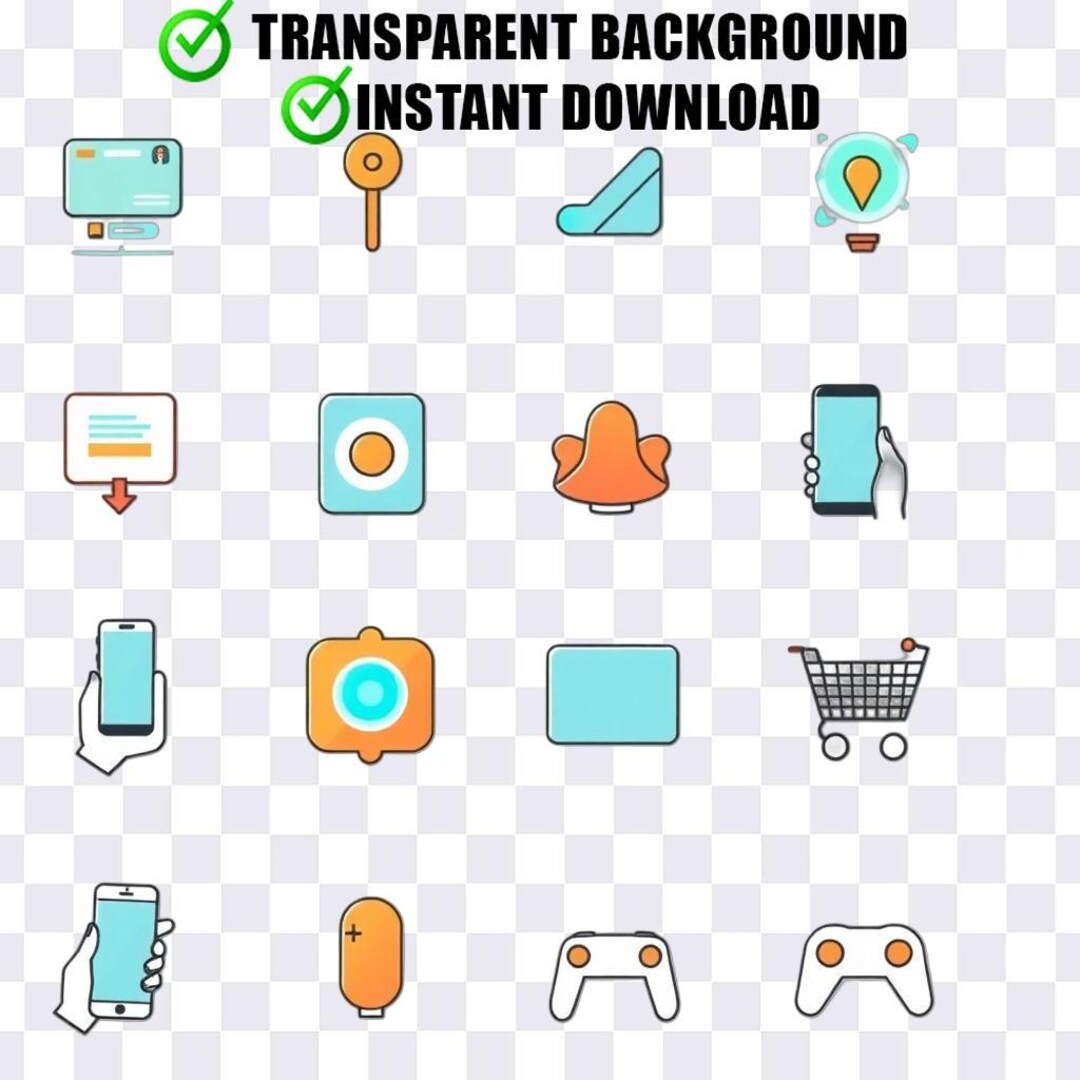 16 Modern Flat Icons PNG, 4x4 Grid, Digital Download, Transparent ...