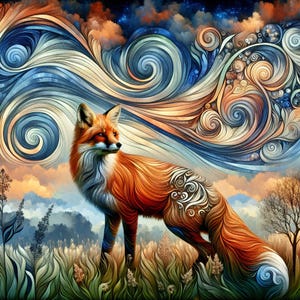 Ethereal Stylized Fox Digital Download, Surreal Swirling Landscape ...