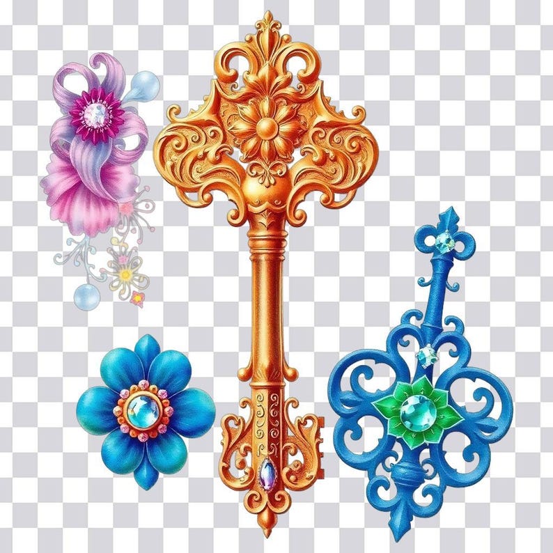 Vibrant Ornate Digital Download: Golden & Blue Keys With Whimsical ...