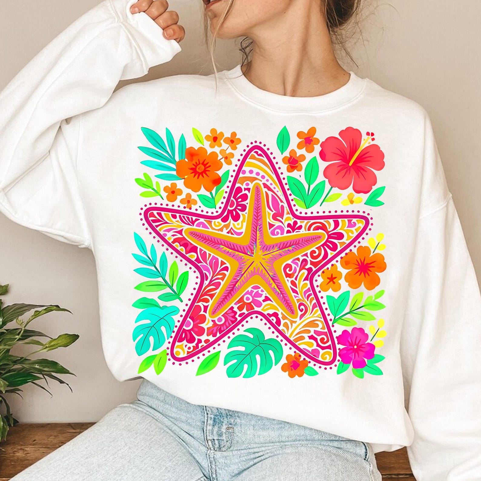 Retro Floral Summer Png, Preppy Starfish Png, Ocean Png, Summer Vibes ...