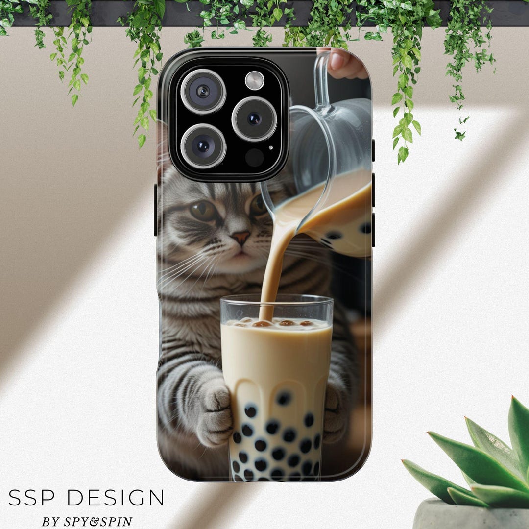 Cute Cat Holding Boba Milk Tea Phone Case - Aesthetic Bubble Tea Lover ...