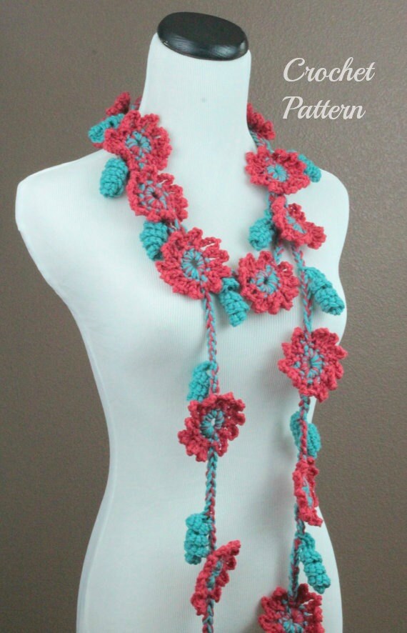 Crochet Flower Scarf Pattern, Crochet Scarf Pattern, Flower Lariat ...