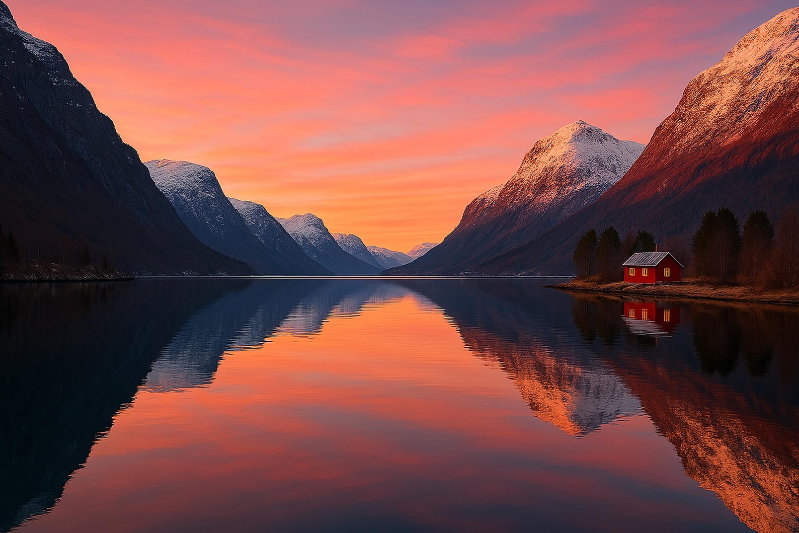 Nordic Fjord Reflection Print – Serene Sunset Over Snowy Mountains and ...