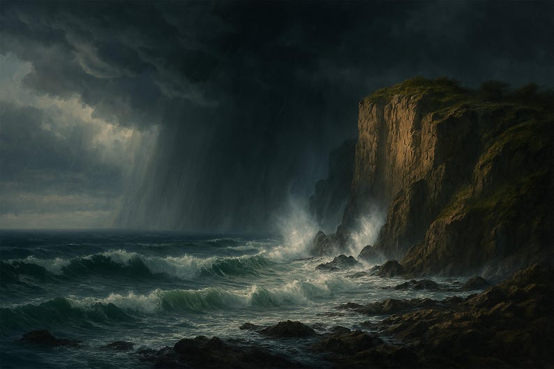 Stormy Cliffside Print, Moody Coastal Ocean Wall Art, Dramatic Nature ...