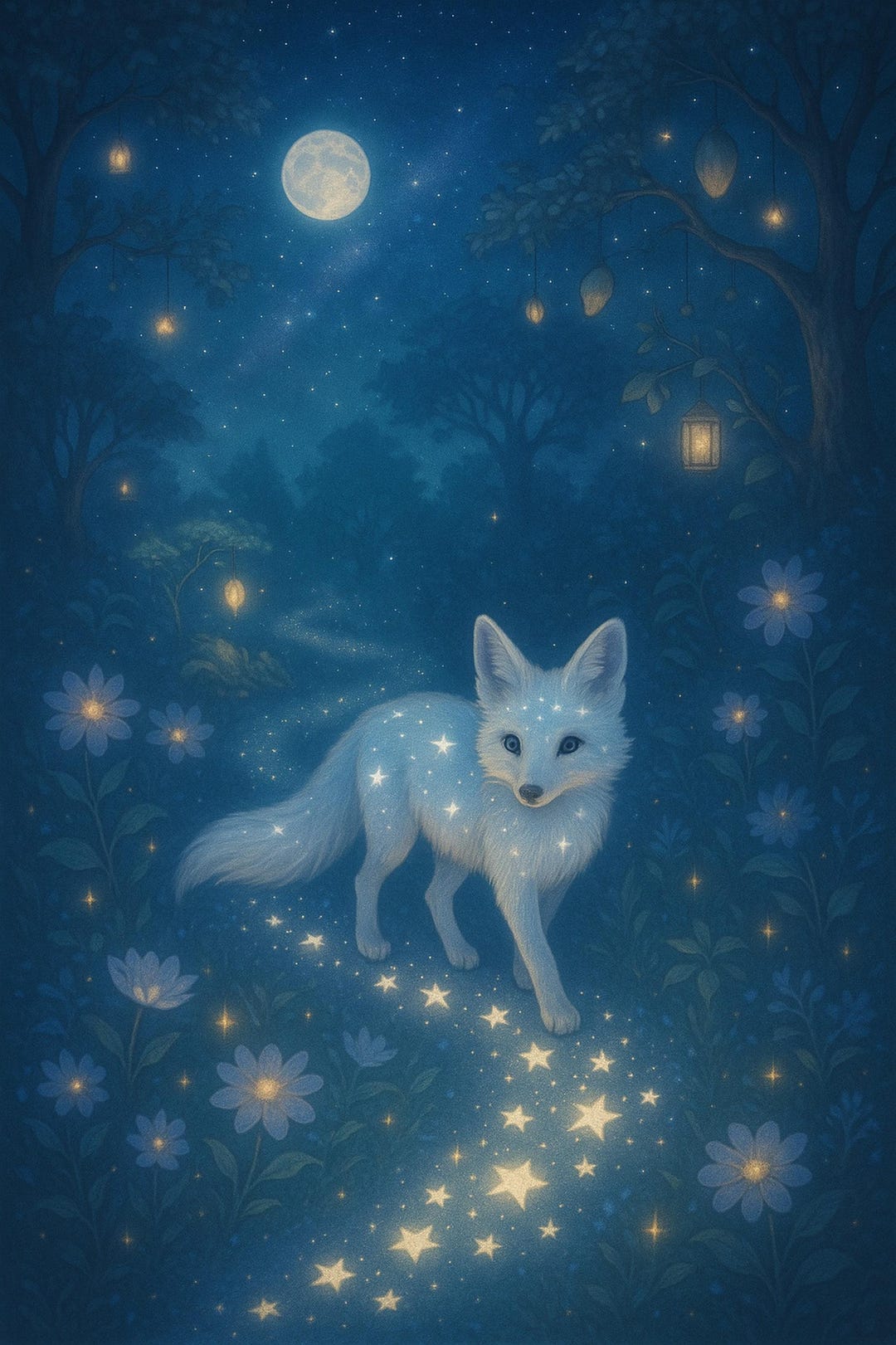 Starry Fox Path Print – Enchanted Night Forest and Celestial Light ...