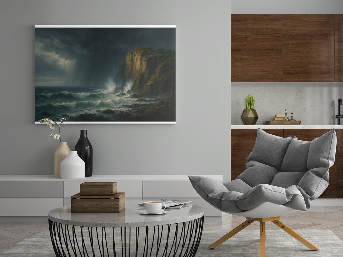 Stormy Cliffside Print, Moody Coastal Ocean Wall Art, Dramatic Nature ...