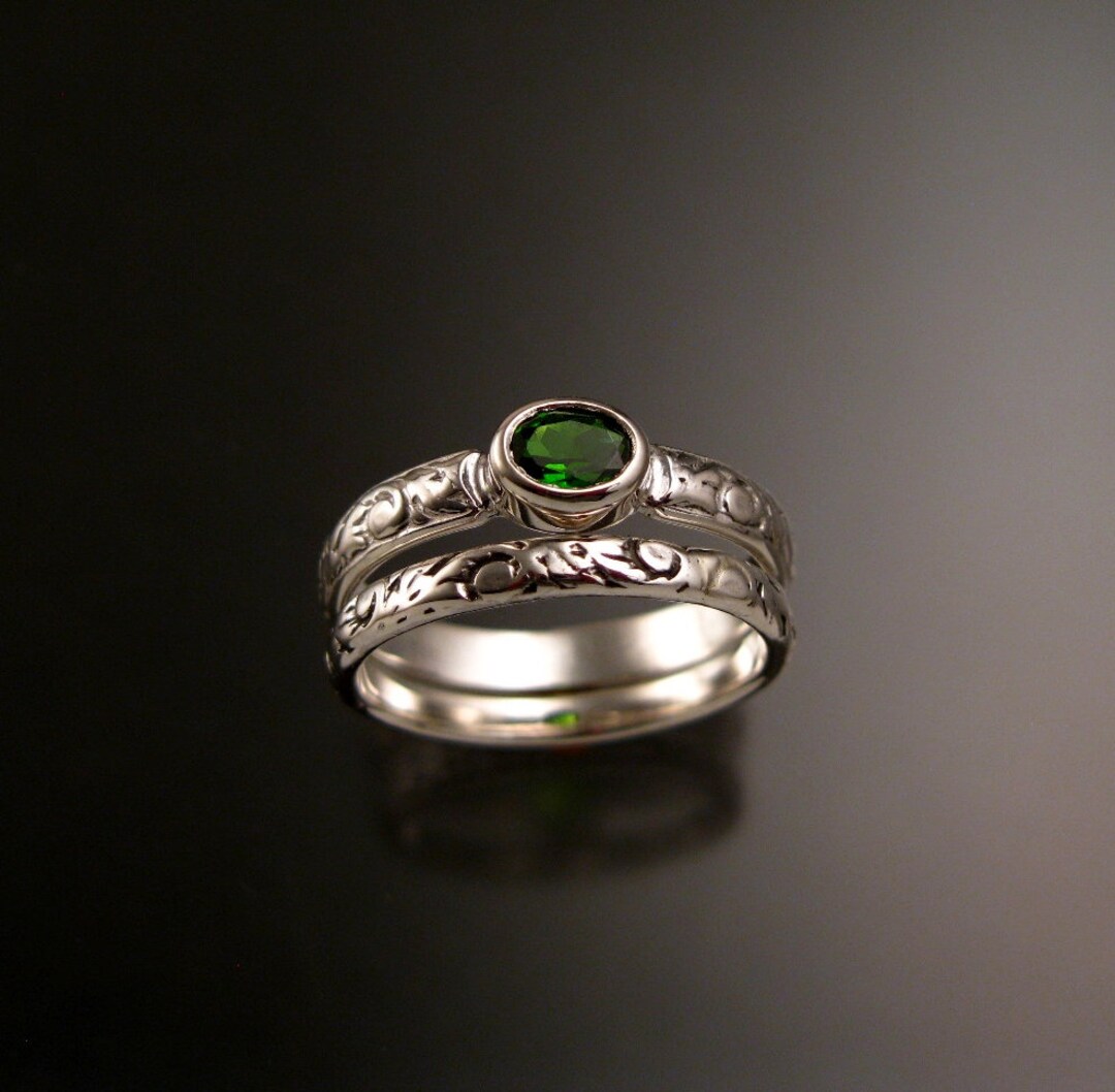 Chrome Diopside Two Ring Wedding Set 14k White Gold Emerald Substitute ...