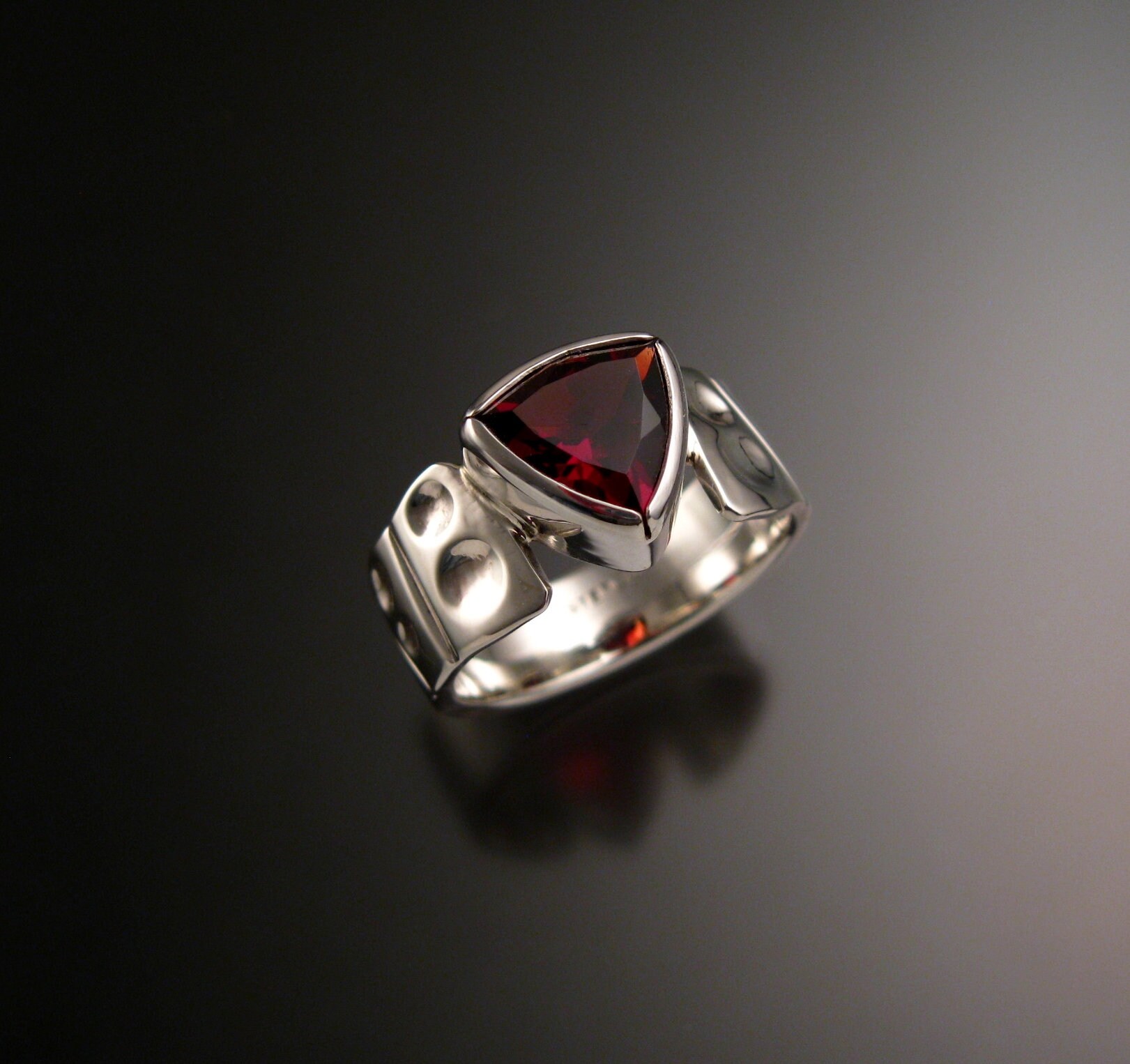 Garnet Ring Sterling Silver Bars and craters band Trillion cut triangle ...